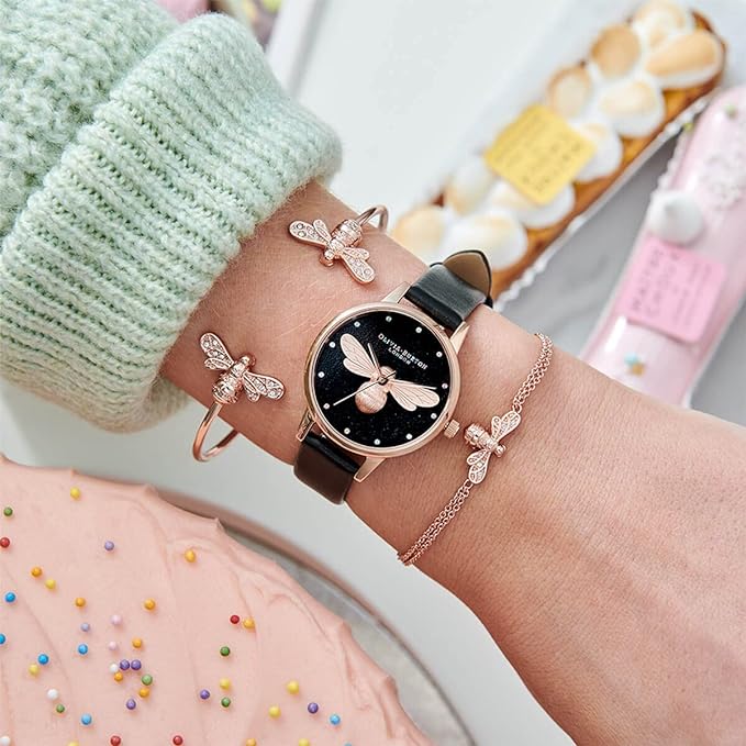 Olivia Burton Rainbow Luck Bee, Black Dial Black Vegan Material Strap ...